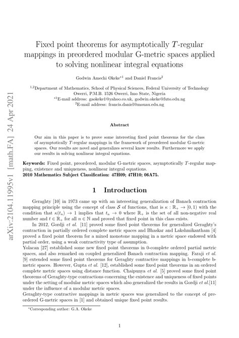 Pdf Fixed Point Theorems For Asymptotically T Regular Mappings In Preordered Modular G
