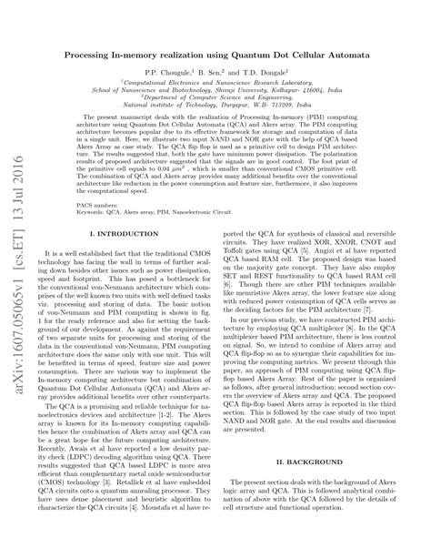 Pdf Processing In Memory Realization Using Quantum Dot Cellular Automata