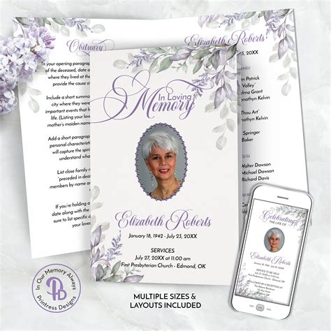 Purple Greenery Funeral Program Obituary Template Celebration Of Life