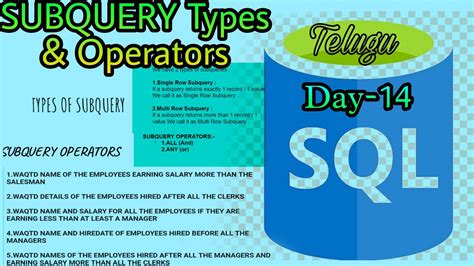 Sql Subquery Types And Operators Day 14 Telugu Fullstack Database Bsktrending Sql Having