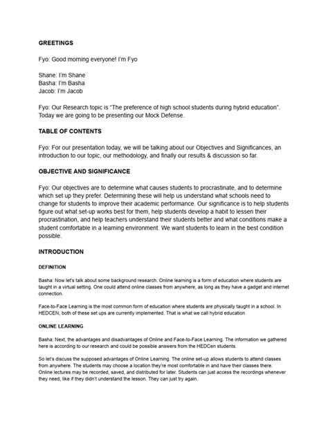 Mock Defense Script Pdf Educational Technology Procrastination