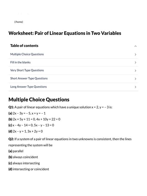 Pair Of Linear Equations In Two Variables Class 10 Worksheet Maths
