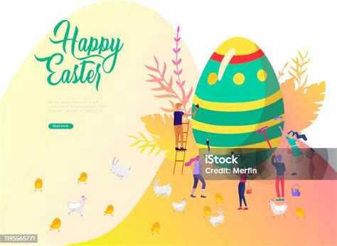 만화 캐릭터와 부활절 방문 페이지 템플릿 사람들은 페인트 계란 케이크 닭고기와 토끼 토끼 귀 점프와 계란을 잡고 소녀 벡터