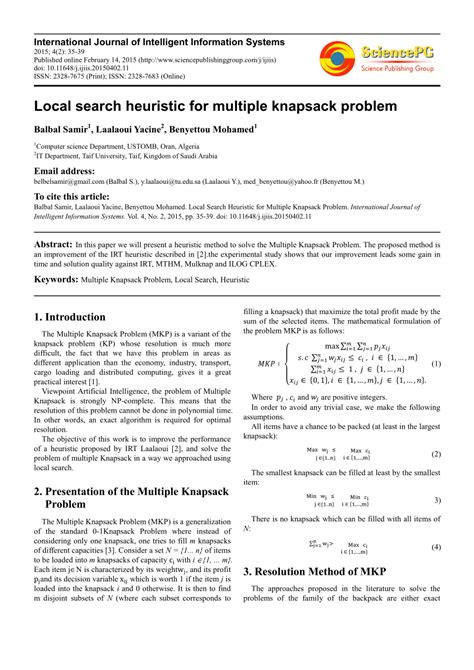 Pdf Local Search Heuristic For Multiple Knapsack Problem
