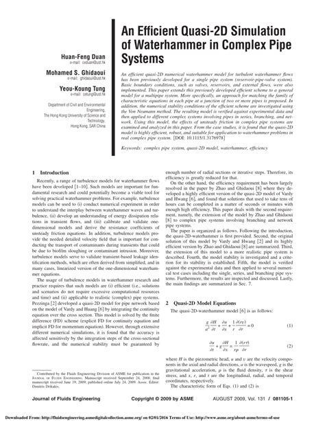 Pdf An Efficient Quasi2d Simulation Of Waterhammer In Complex Pipe