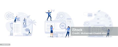 프로젝트 관리 성공적인 전략 동기 부여 및 리더십 작업 완료 또는 진행 모니터링 평면 현대 벡터 일러스트레이션 설정 개념에 대한