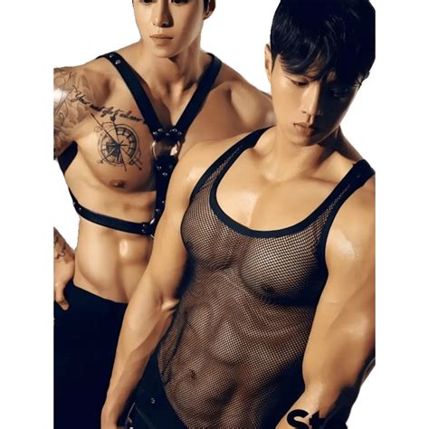 寫真拍照造型男緊身彈力背心健身無袖鏤空網眼性感透視夜店表演服 蝦皮購物