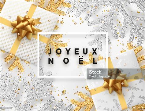 프랑스어 문자 조이유 노엘 선물 상자와 빛나는 황금과 은색 눈송이와 크리스마스 배경 2020년에 대한 스톡 벡터 아트 및 기타 이미지 2020년 겨울 계절 Istock