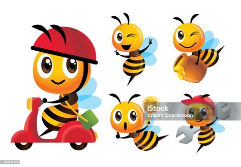 만화 귀여운 꿀벌 벡터 마스코트 세트입니다 만화 귀여운 꿀벌 놀이기구 스쿠터 배달 꿀벌은 꿀 디퍼를 보유하고 모자를 착용하고 꿀 냄비를 운반하고 스패너 도구를 운반합니다