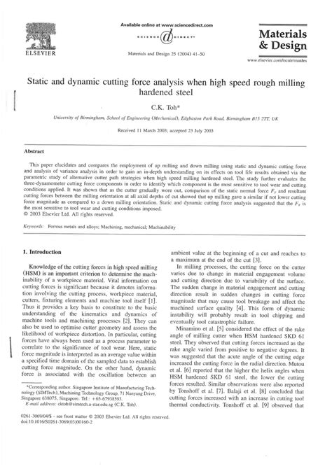 Pdf Static And Dynamic Cutting Force Analysis When High Speed Rough Milling Hardened Steel