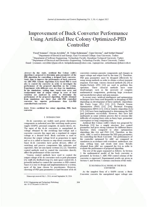 Pdf Improvement Of Buck Converter Performance Using Artificial Bee Colony Optimized Pid Controller
