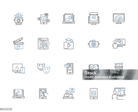 Showtime 라인 아이콘 컬렉션입니다 드라마 코미디 스릴러 서스펜스 액션 범죄 미스터리 벡터 및 선형 일러스트레이션 공포 로맨스 판타지 개요 표지판 세트