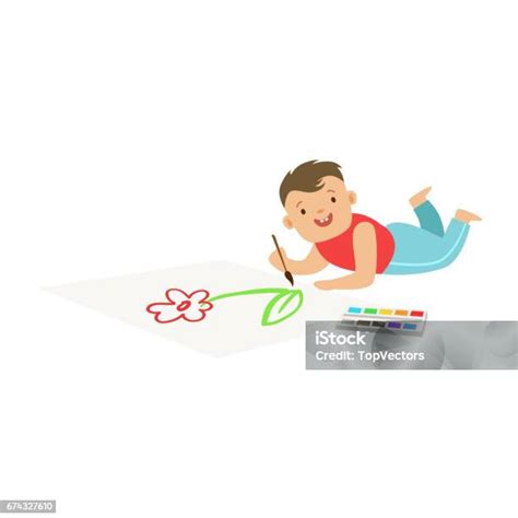 행복한 어린 소년은 바닥에 누워 큰 종이에 그림을 그립니다 다채로운 문자 벡터 일러스트 교육에 대한 스톡 벡터 아트 및 기타 이미지 교육 귀여운 꽃 식물 Istock