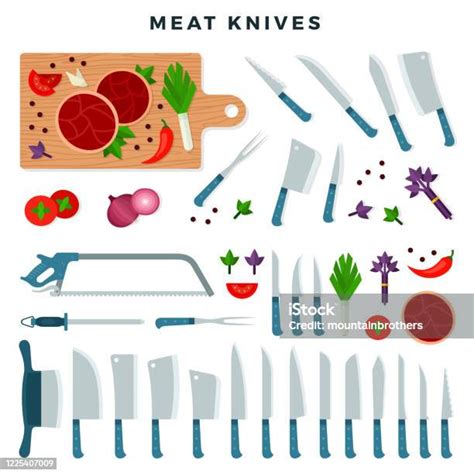 고기 절단 칼 세트 도마에 고기 장비 고기 야채 와 조미료의 조각 정육점이나 레스토랑을 위해 설정합니다 플랫 스타일의 벡터 그림입니다 강철에 대한 스톡 벡터 아트 및 기타