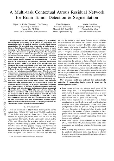 Pdf A Multi Task Contextual Atrous Residual Network For Brain Tumor Detection And Segmentation