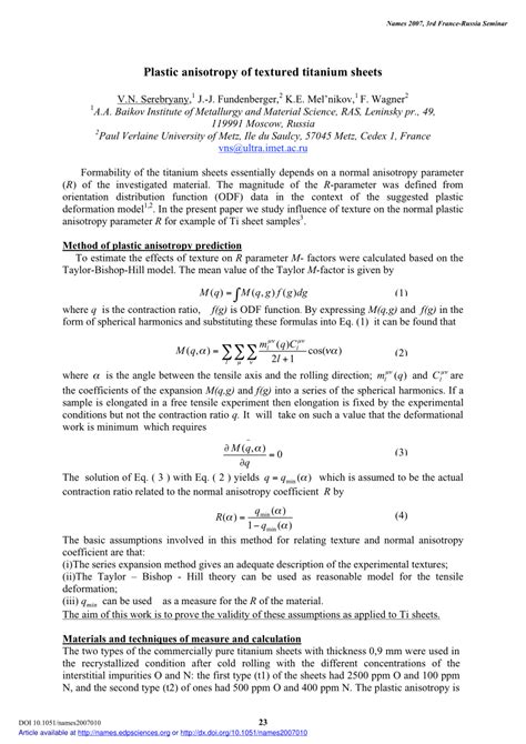 Pdf Plastic Anisotropy Of Textured Titanium Sheets