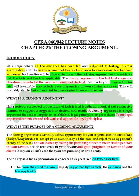 Lecture Notes Chapter 21 THE Closing Argument CPRA 040 042 LECTURE