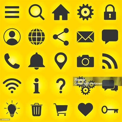 웹 응용 프로그램 인터페이스 아이콘 컬렉션입니다 벡터 기호 집합입니다 검색 홈 설정 계정 잠금 및 정보 버튼 기호 코그휠 돋보기 Wifi 및 사용자 프로필 로고 노란색