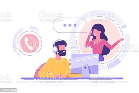 헤드셋을 가진 남자는 자신의 컴퓨터에 앉아서 클라이언트와 이야기하고있다 고객 지원 콜 센터 핫라인 운영자 컨설턴트 관리자 기술 지원 및 고객 관리 벡터 그림입니다 고객
