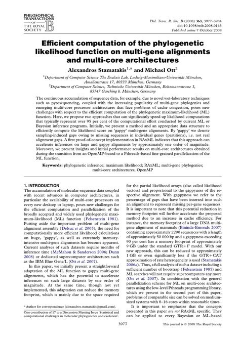 Pdf Stamatakis A Ott M Efficient Computation Of The Phylogenetic Likelihood Function On