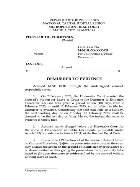 Sample Pleading Demurrer To Evidence Pdf