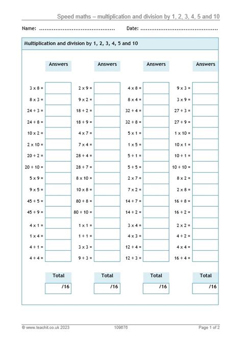 Multiplication And Division By 1 2 3 4 5 And 10 Ks1 Teachit