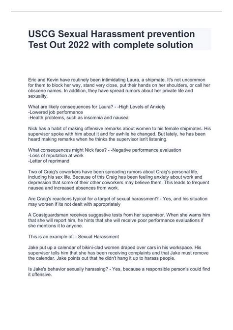 Uscg Sexual Harassment Prevention Test Out 2022 With Complete Solution Uscg Sexual Harassment
