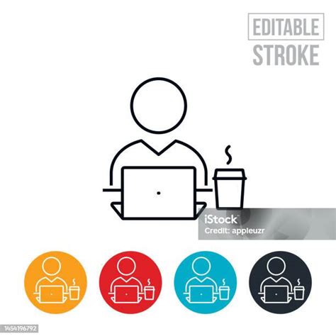 책상에 커피 컵이 있는 노트북 컴퓨터에서 작업하는 사람 얇은 선 아이콘 편집 가능한 스트로크 아이콘에 대한 스톡 벡터 아트 및