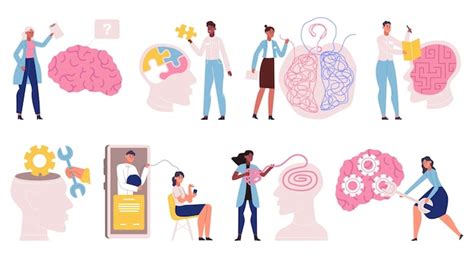 심리학 정신 문제 스트레스 뇌 건강 관리 치료 의료 치료 및 정신 건강 벡터 일러스트 레이 션 세트 심리학 의사는 감정 장애 지원 환자 프리미엄 벡터