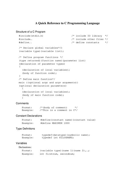 Quick C Programming Language Reference Cheat Sheet Docsity