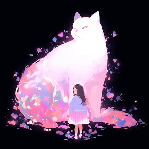 个女孩 巨型可爱粉色肥猫发光黑色背景 长发 黑发 面向观众 裙子 简单的背景 单人 全身像站 豆友 J s的文本出图 Midjourney模型作品