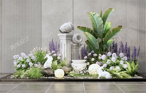 现代植物堆景观 庭院景观小品 花境植物花团 蕨类植物 流水小品 兔子雕塑小品 花草 花卉SU模型 植物模型SU模型