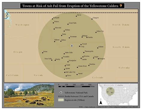 Towns At Risk Of Ash Fall From The Yellowstone Caldera Claire Anderson Maps