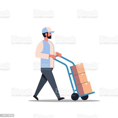 장 수 압 연 골 판지 상자 화물 트롤리 Pushcart 택배 운반 소포에 트럭 창 고 작업자 남성 만화 캐릭터 전체 길이 플랫 절연 핸드 트럭에 대한 스톡 벡터 아트 및