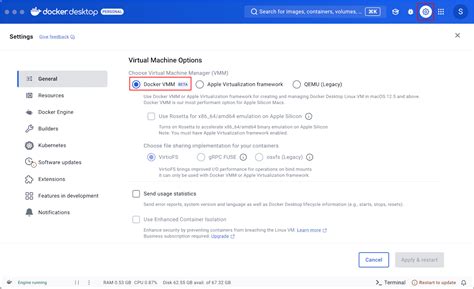 Docker Desktop 435 Organization Access Tokens Volumes Export Integrated Terminal Docker Vmm