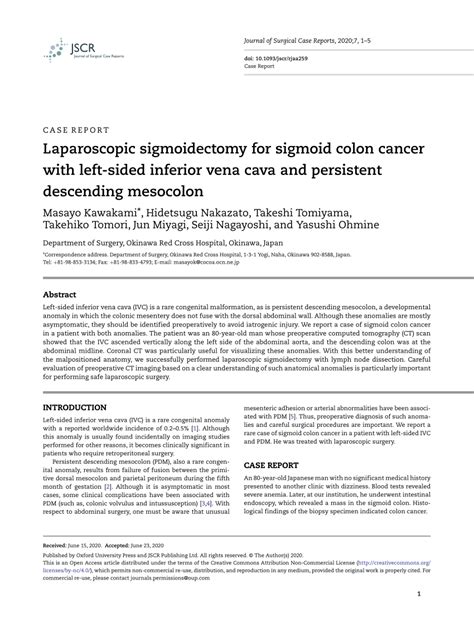 Pdf Laparoscopic Sigmoidectomy For Sigmoid Colon Cancer With Left Sided Inferior Vena Cava And