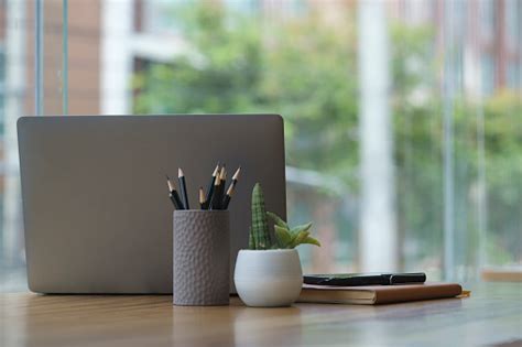 노트북 컴퓨터 연필 홀더 화분 공장 및 나무 사무실 책상에 책 0명에 대한 스톡 사진 및 기타 이미지 0명 거실 노트북 Istock