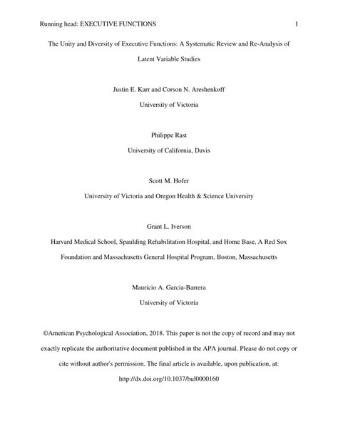 Pdf The Unity And Diversity Of Executive Functions A Systematic Review And Re Analysis Of