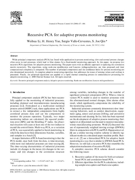 Pdf Recursive Pca For Adaptive Process Monitoring