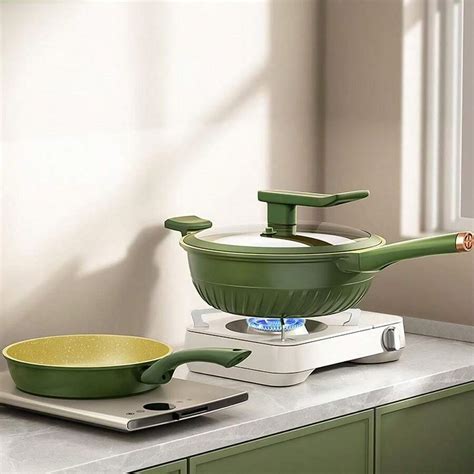 Avocado Green Frying Pan Cooking Pot 5 Piece Set Dark Colored