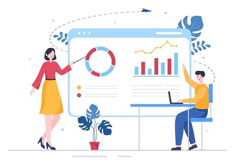 프레 젠 테이 션 마케팅 계획 만화 벡터 일러스트 레이 션 새로운 프로젝트 개념을 수행하기 위한 사업 계획 전략 및 비즈니스 미팅 프리미엄 벡터