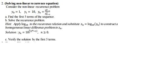 solved consider the non linear recurrence problem y 0 1