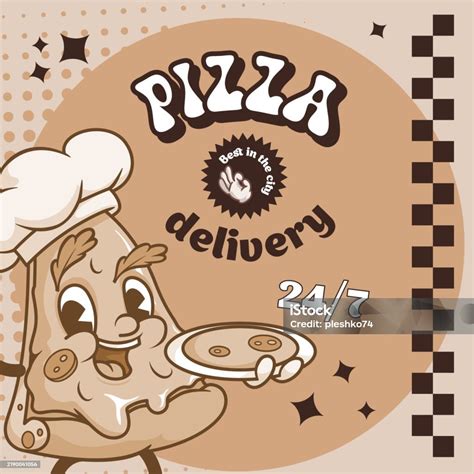 복고풍 피자 배달 디자인 템플릿입니다 유행하는 그루비 스타일의 마스코트 벡터 일러스트 레이 션 1970 1979 년에 대한 스톡 벡터 아트 및 기타 이미지 Istock