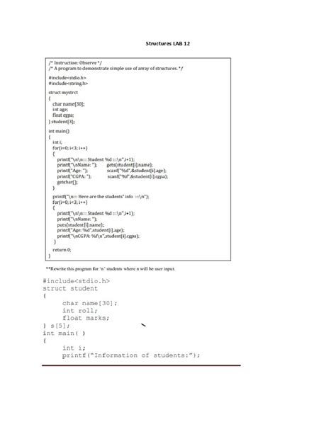 Lab 12 Struct Lab Manual C Language Structures Lab Example 3 C