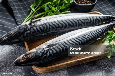 파슬리와 후추를 곁들인 생 고등어 생선 신선한 해산물 회색 배경입니다 맨 위 보기 건강한 생활방식에 대한 스톡 사진 및 기타 이미지 건강한 생활방식 건강한 식생활