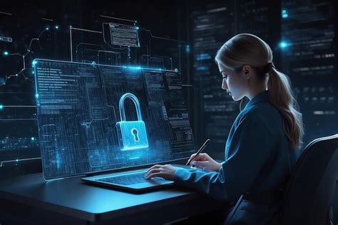 Lock Hologram Tablet And Woman With Data Analysis Safety Software Overlay And Cyber Security