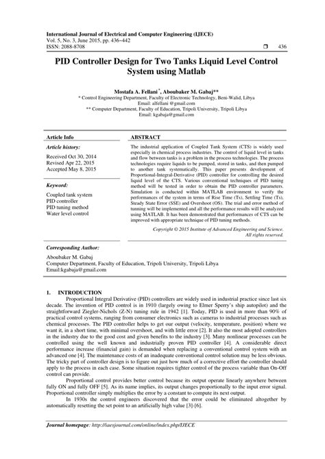 Pdf Pid Controller Design For Two Tanks Liquid Level Control System Using Matlab