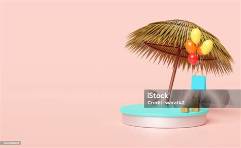 야자 잎 우산 쇼핑 종이 봉지 풍선 분홍색 배경에 격리 된 선물 상자가있는 실린더 단계 연단 쇼핑 여름 판매 여름 여행 개념 3d 그림 또는 3d 렌더링 3차원 형태에 대한