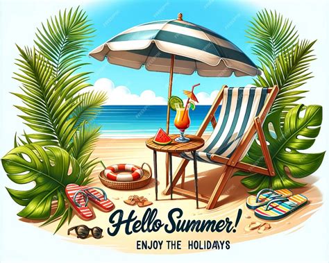 Escena Relajante En La Playa Hola Ilustraciones De Las Vacaciones De Verano Vector Premium
