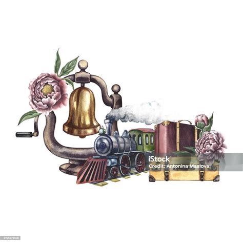 빈티지 증기 기관차 여행 가방 꽃으로 장식된 증기 기관차 종 수제 수채화 그림입니다 복고풍 기차를 타고 떠나는 기차 여행 엽서 포스터 및 인쇄물 티켓 0명에 대한 스톡 벡터